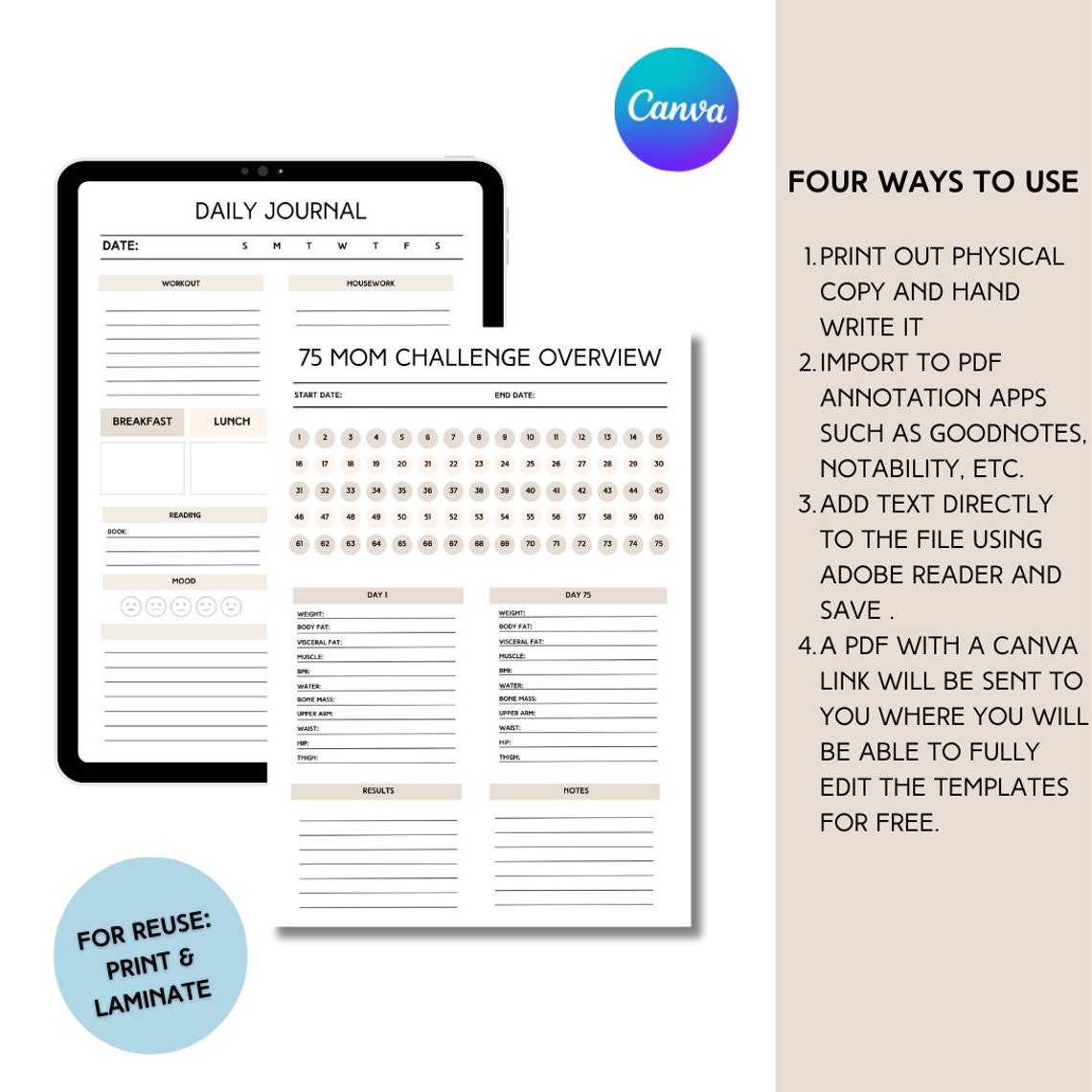 75 Mom Editable Challenge Printable, New Years Weight Loss, Easy ...