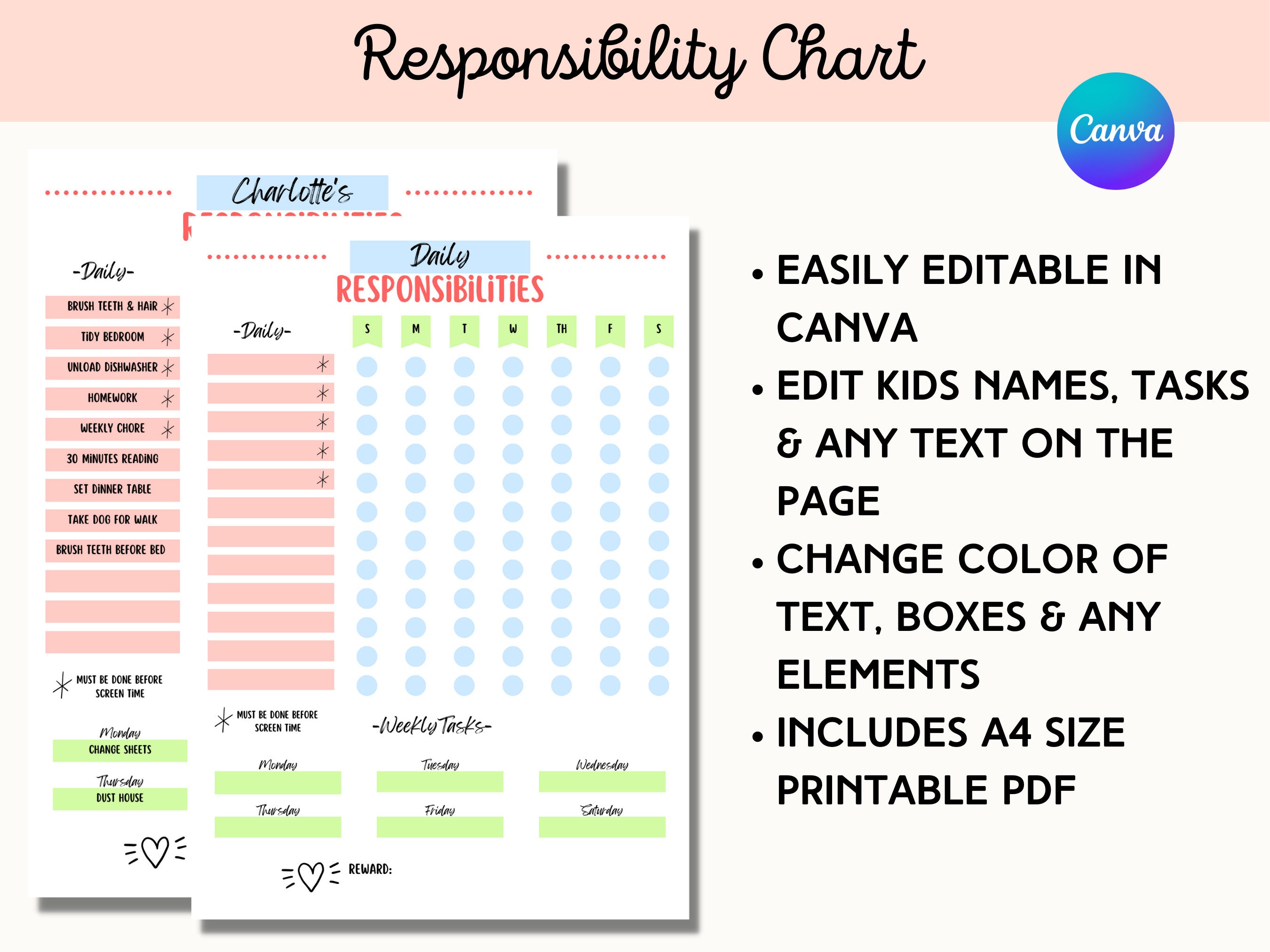 Editable Chore and Responsibilities Chart Kids Teens Weekly & - Etsy