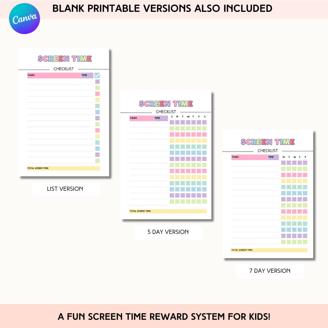 Editable Screen Time Chart, Printable Screen Reward Bucks, Reward Chart ...
