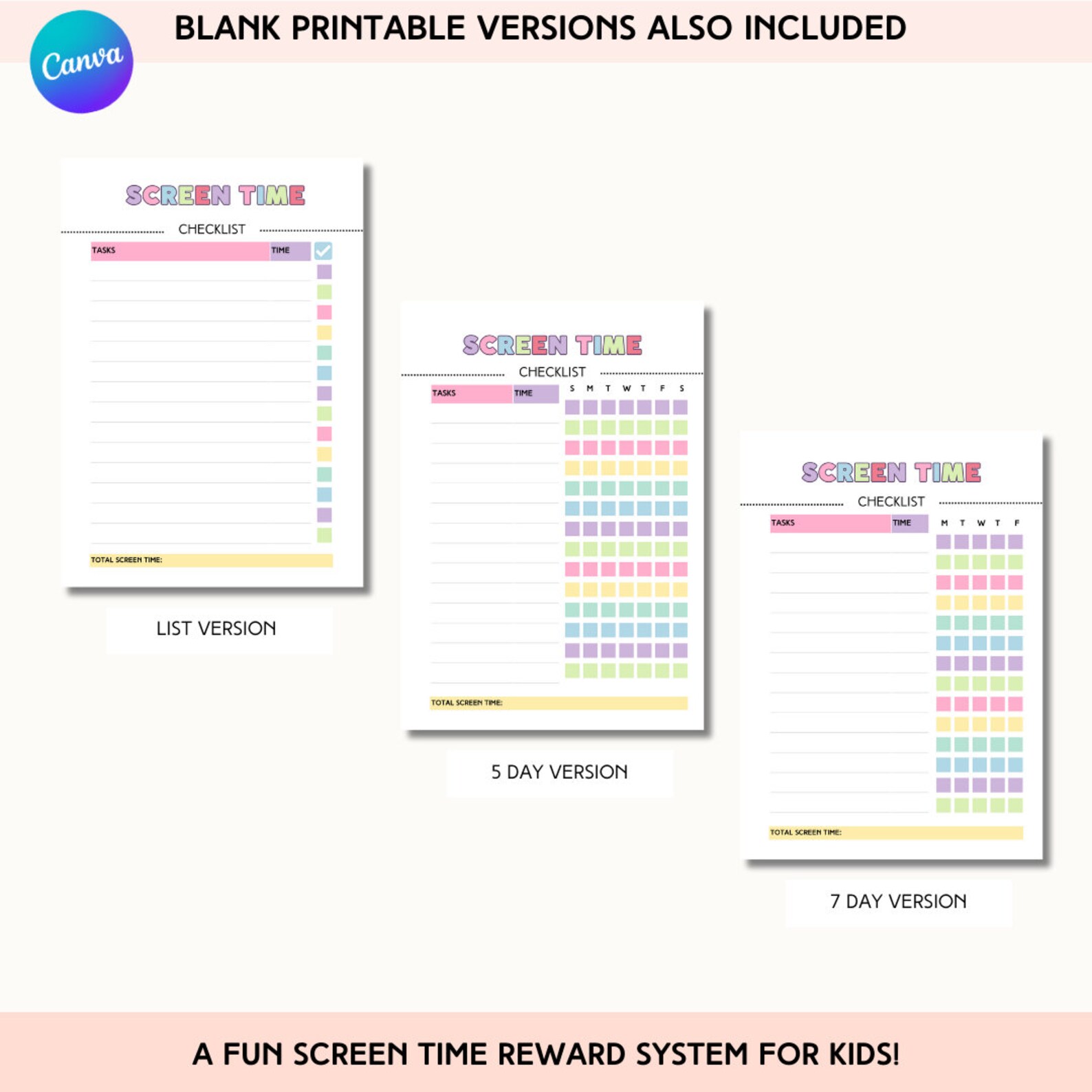 Editable Screen Time Chart, Printable Screen Reward Bucks, Reward Chart ...