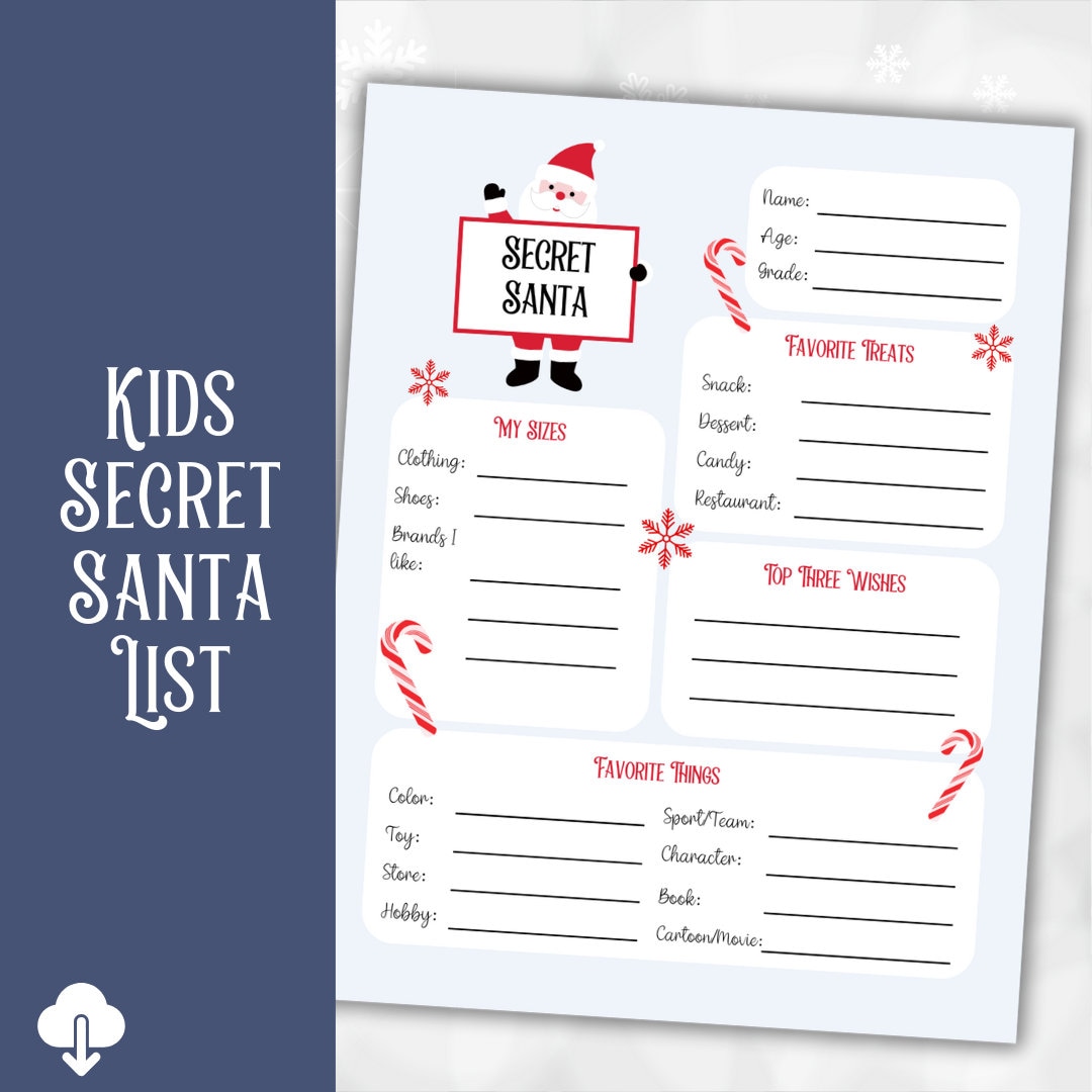 Kids Secret Santa List, Secret Santa Questionnaire for Kids, Secret ...