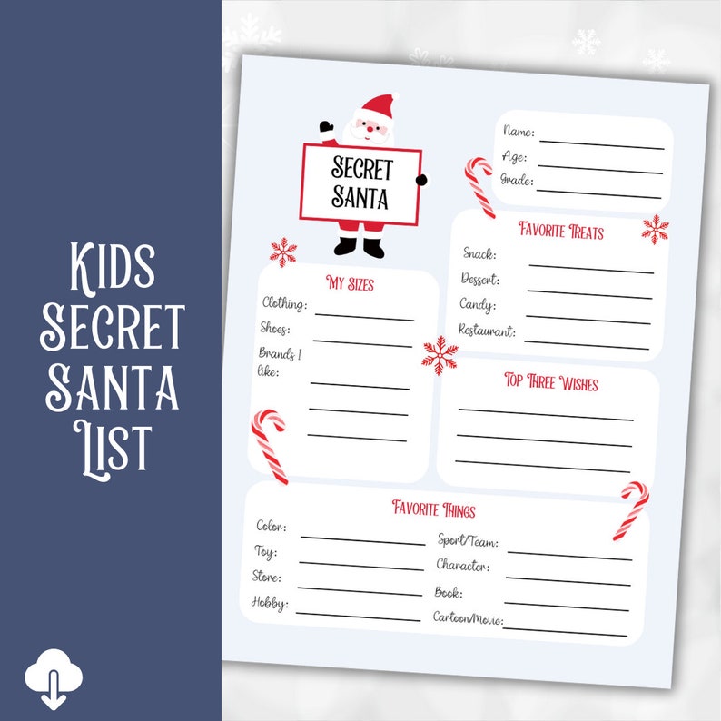 Kids Secret Santa List, Secret Santa Questionnaire for Kids, Secret ...