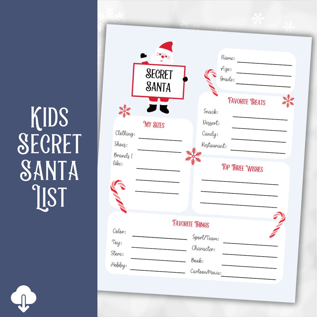 Kids Secret Santa List, Secret Santa Questionnaire for Kids, Secret ...