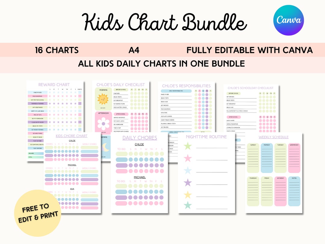 Editable Chore Chart for Multiple Kids Daily Checklist Canva - Etsy