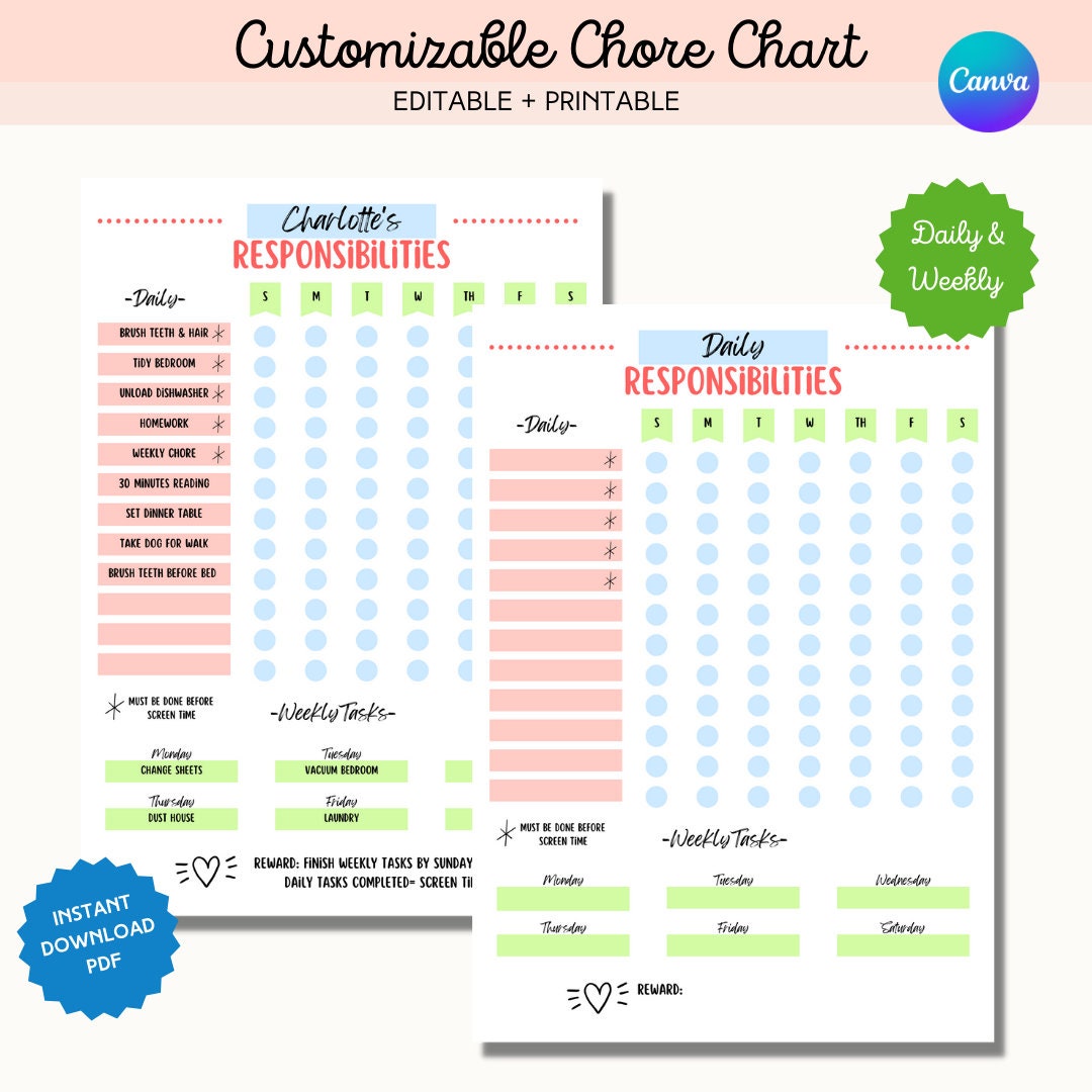 Editable Chore and Responsibilities Chart, Kids Teens Weekly & Daily ...
