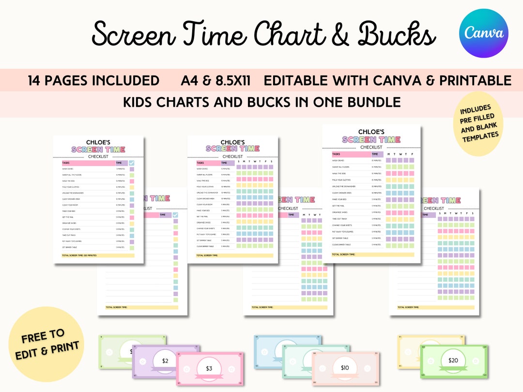 Editable Screen Time Chart Printable Screen Reward Bucks - Etsy