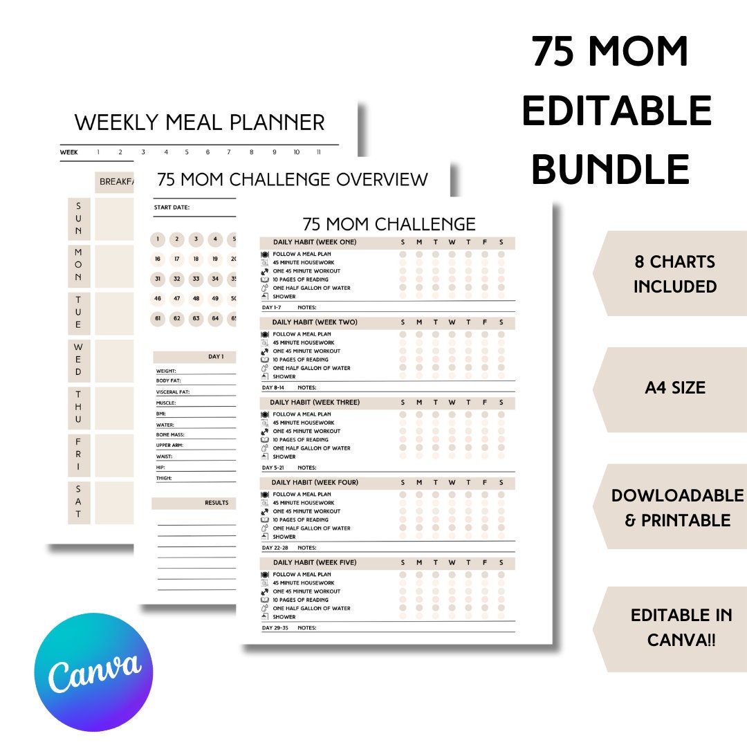 75 Mom Editable Challenge Printable, Spring Weight Loss, Easy Challenge ...