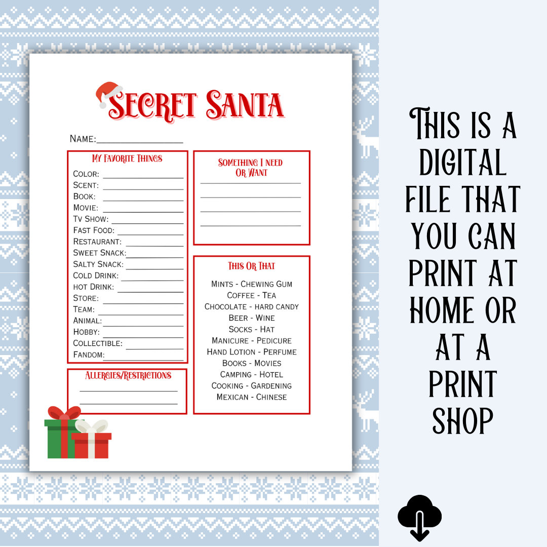 Co-worker Secret Santa Questionnaire, Office Secret Santa, Printable ...