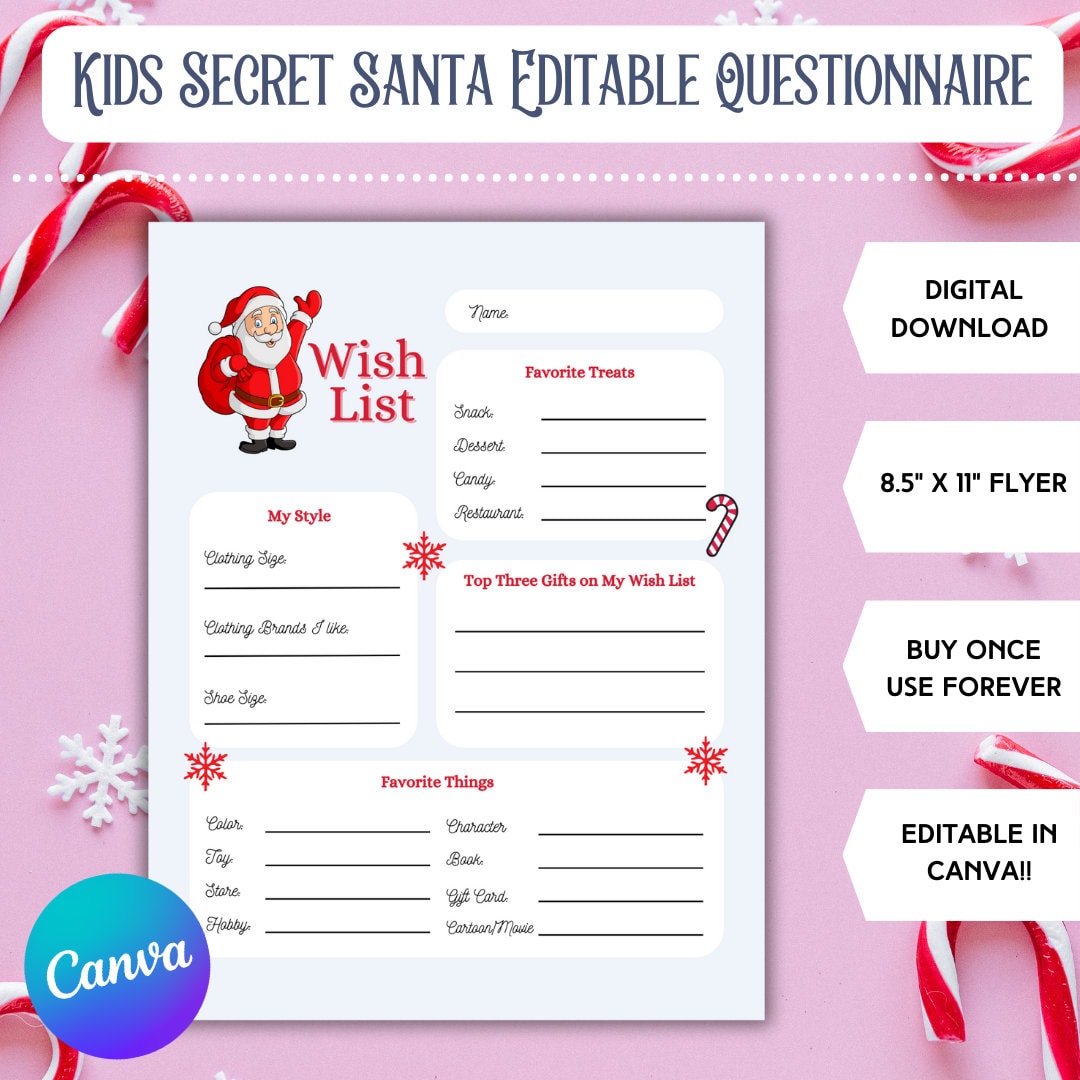 Editable Secret Santa Questionnaire Template for Kids Family Gift ...