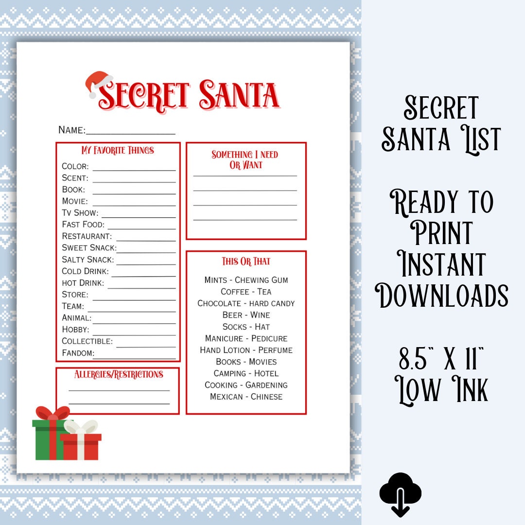 Co-worker Secret Santa Questionnaire, Office Secret Santa, Printable ...