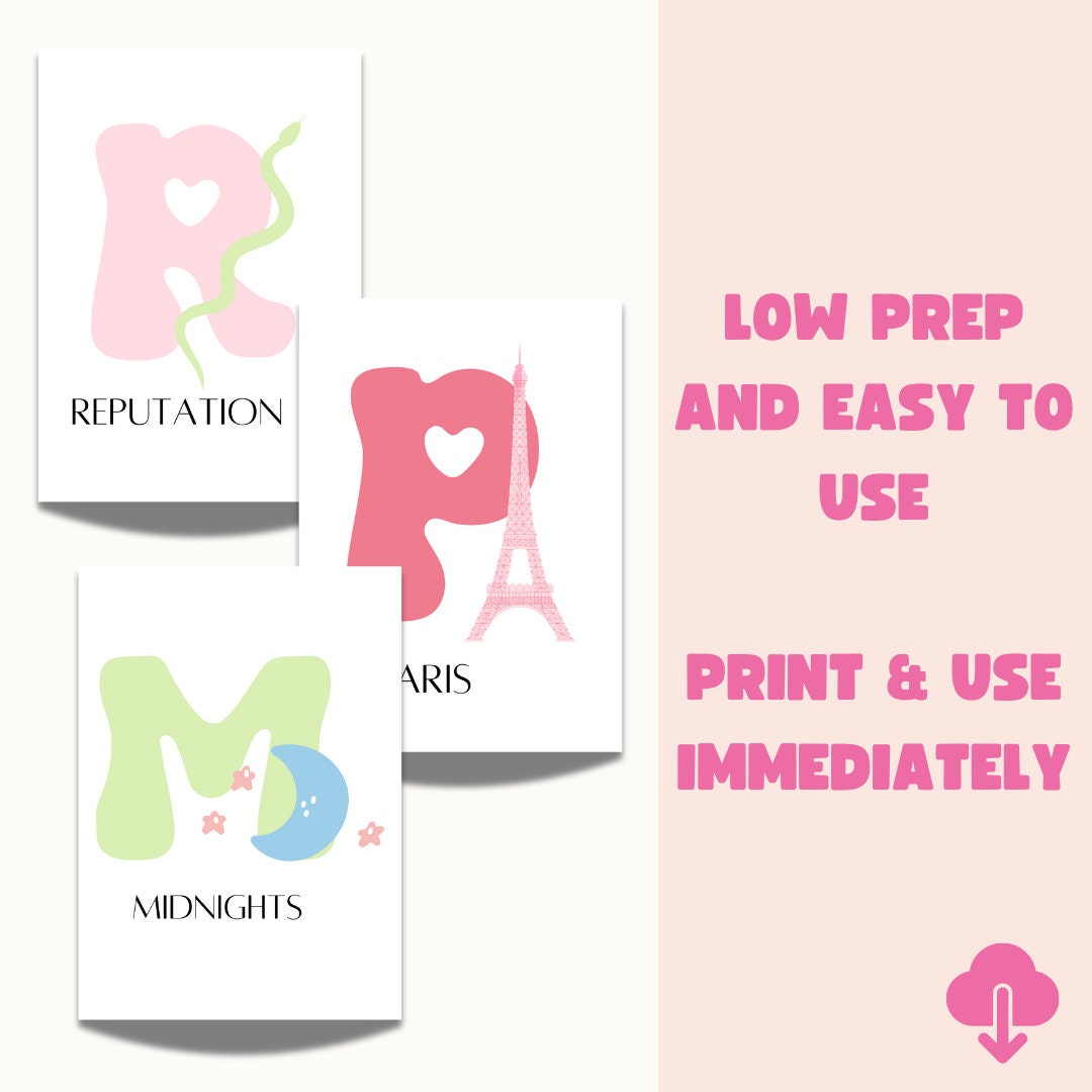 Taylor Swift Alphabet Flash Cards Set of 26, Digital Download Bundle ...