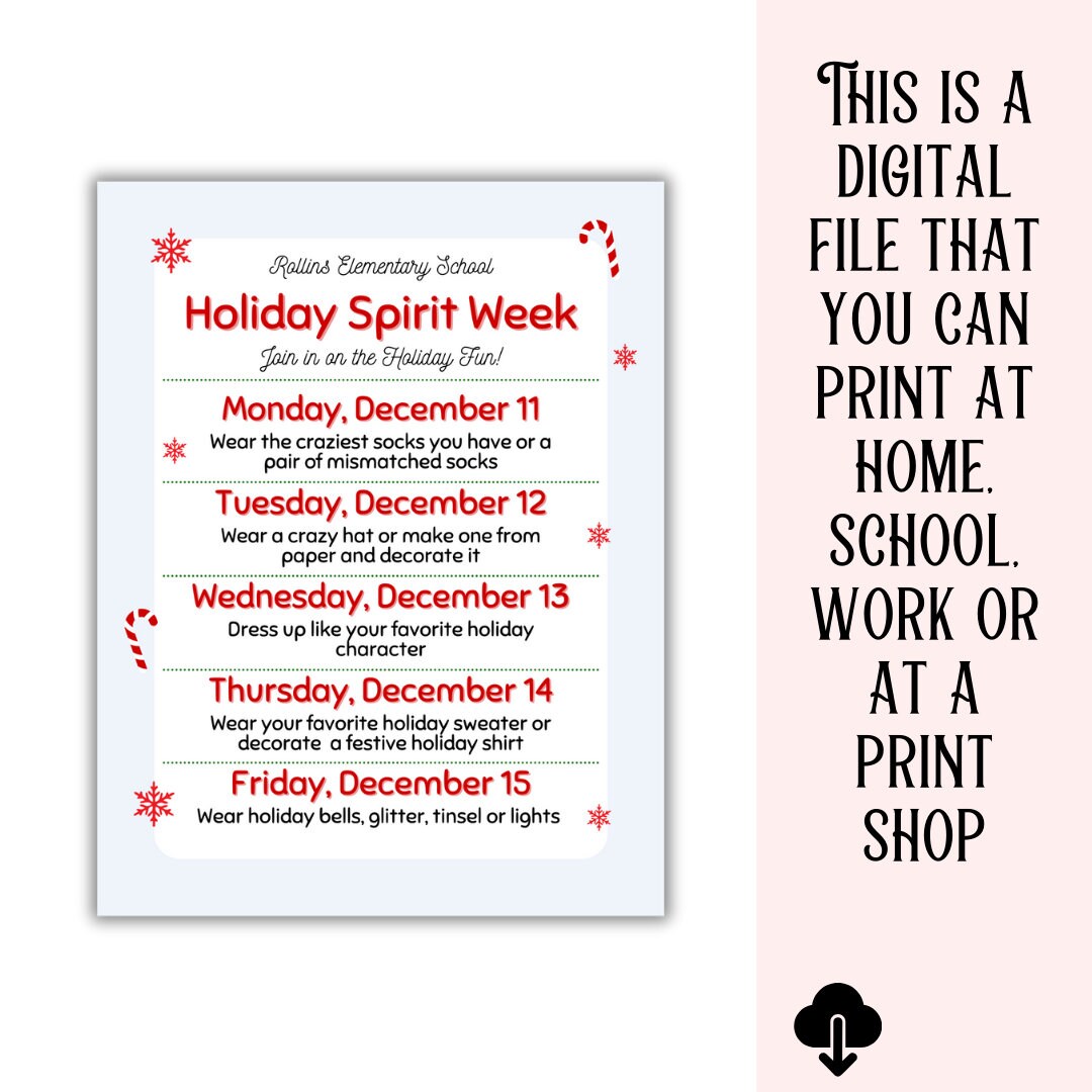 December School Spirit Week Itinerary Schedule, Christmas Winter School ...