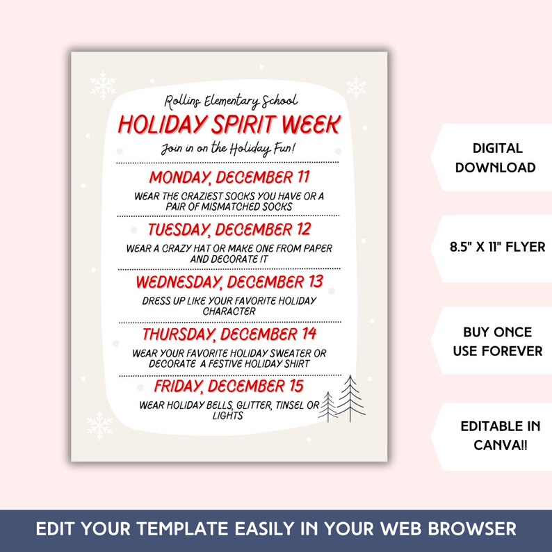 December School Spirit Week Itinerary Schedule, Christmas Winter School ...