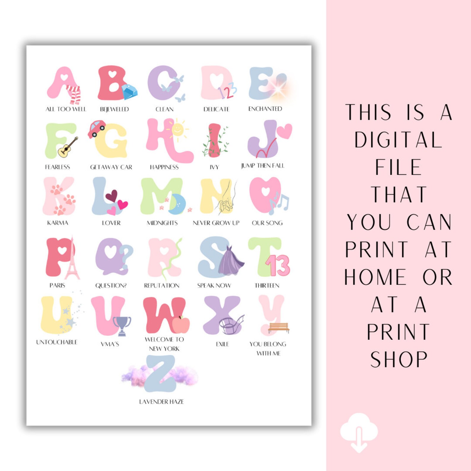 Swiftie Abcs, Alphabet Nursery Print, Taylor Swift Themed Nursery Wall ...