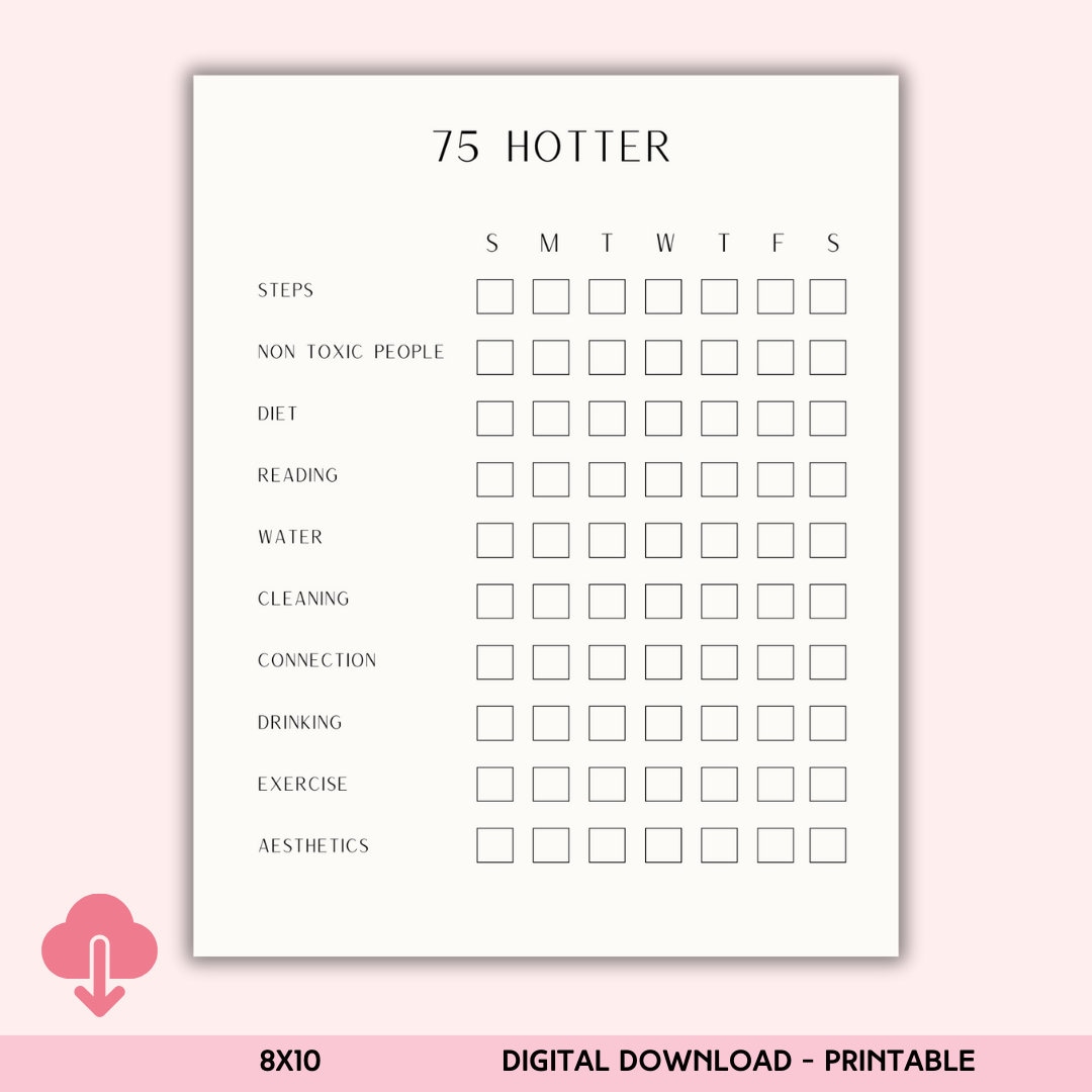 75 HOTTER Challenge Printable, Easy Challenge Tracker, Meal Planner, 75 ...