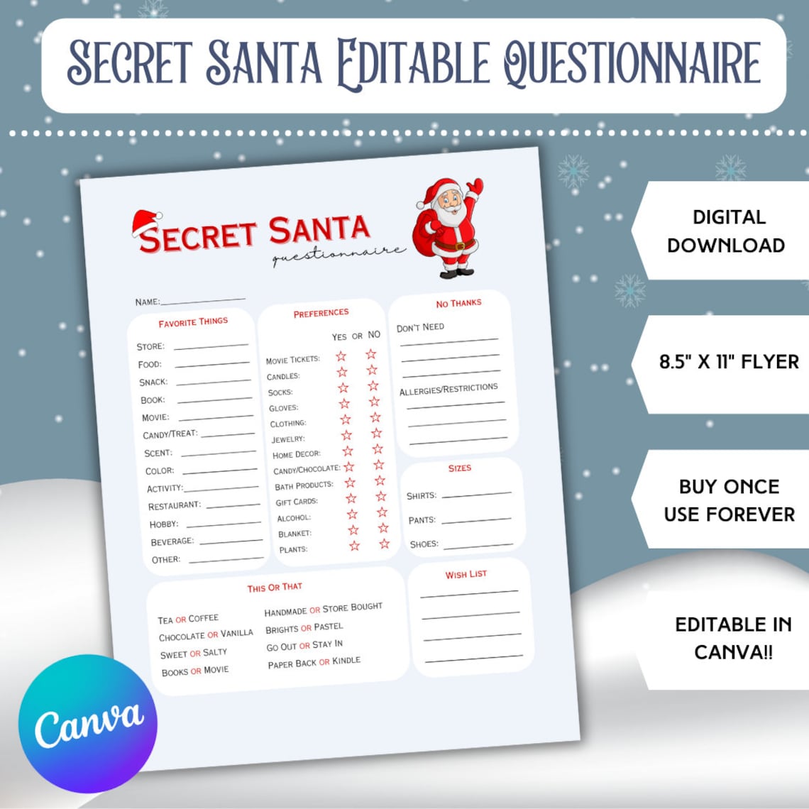 Editable Secret Santa Questionnaire Template for Work/office/family ...