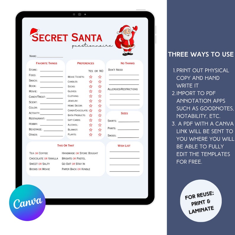Editable Secret Santa Questionnaire Template for Work/office/family ...