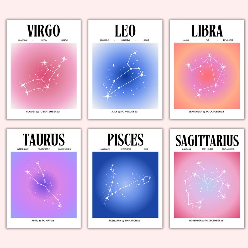 Set of 12 Zodiac Sign Poster Bundle, Zodiac Picture, Astrology Poster ...