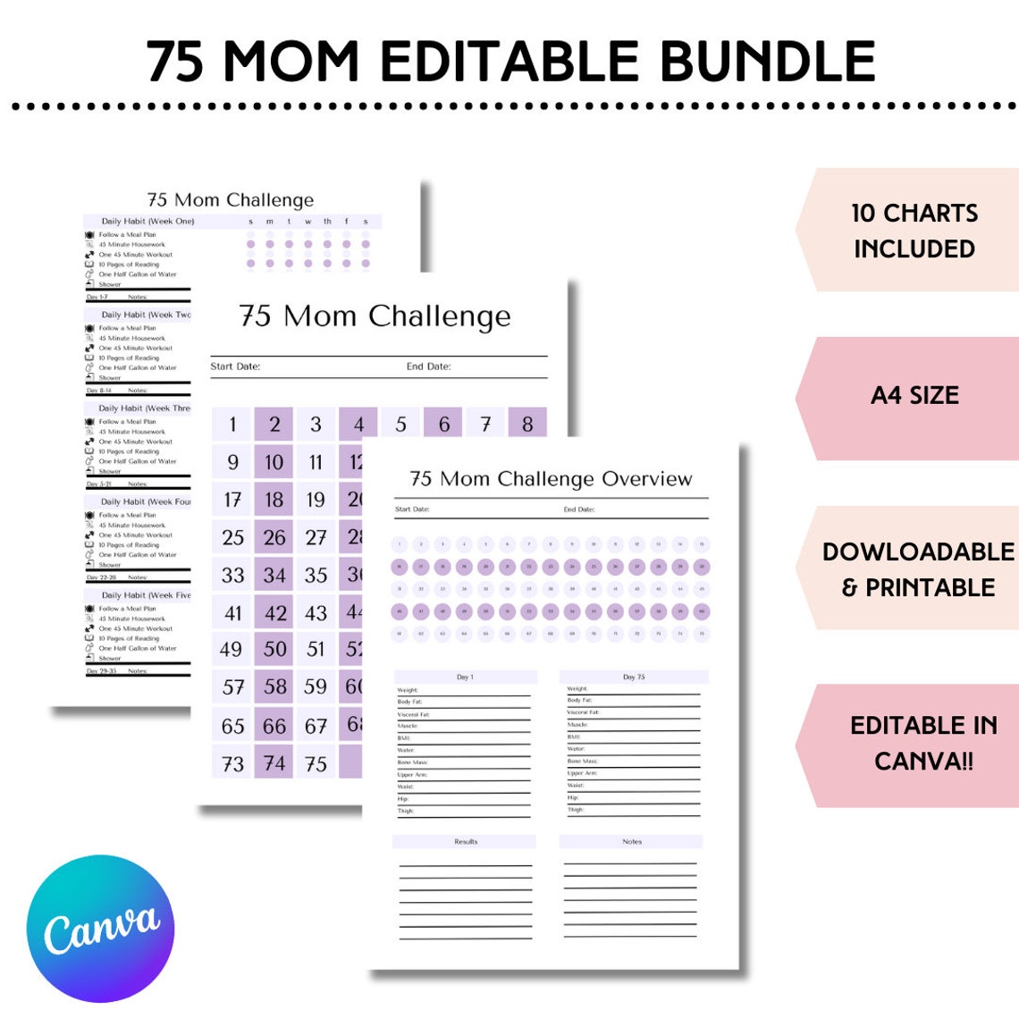 75 Mom Editable Challenge Printable Purple Easy Challenge - Etsy