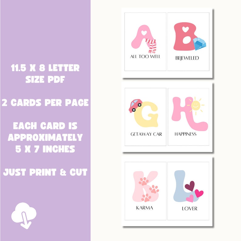 Taylor Swift Alphabet Flash Cards Set of 26, Digital Download Bundle ...