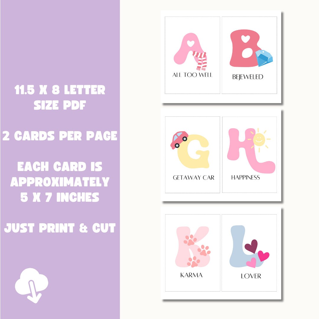 Taylor Swift Alphabet Flash Cards Set of 26, Digital Download Bundle ...
