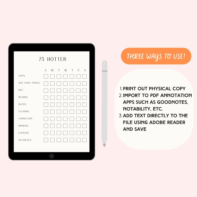 75 HOTTER Challenge Printable, Easy Challenge Tracker, Meal Planner, 75 ...