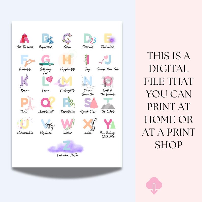 Swift Inspired Alphabet Poster, Playroom Taylor Inspired Decor, Playful ...