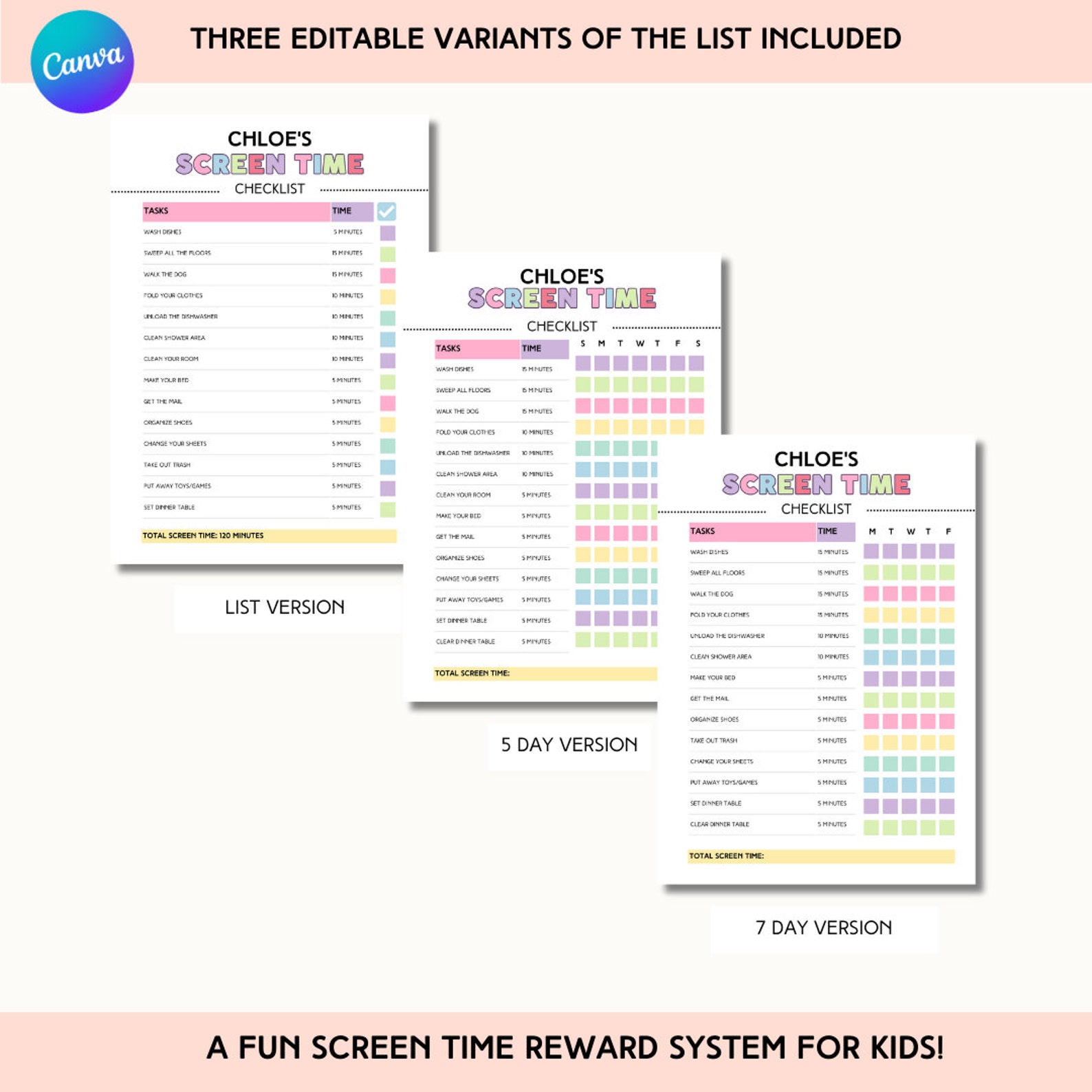 Editable Screen Time Chart, Printable Screen Reward Bucks, Reward Chart ...