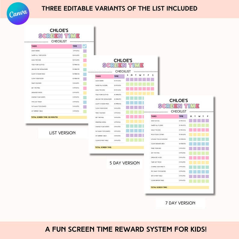 Editable Screen Time Chart, Printable Screen Reward Bucks, Reward Chart ...