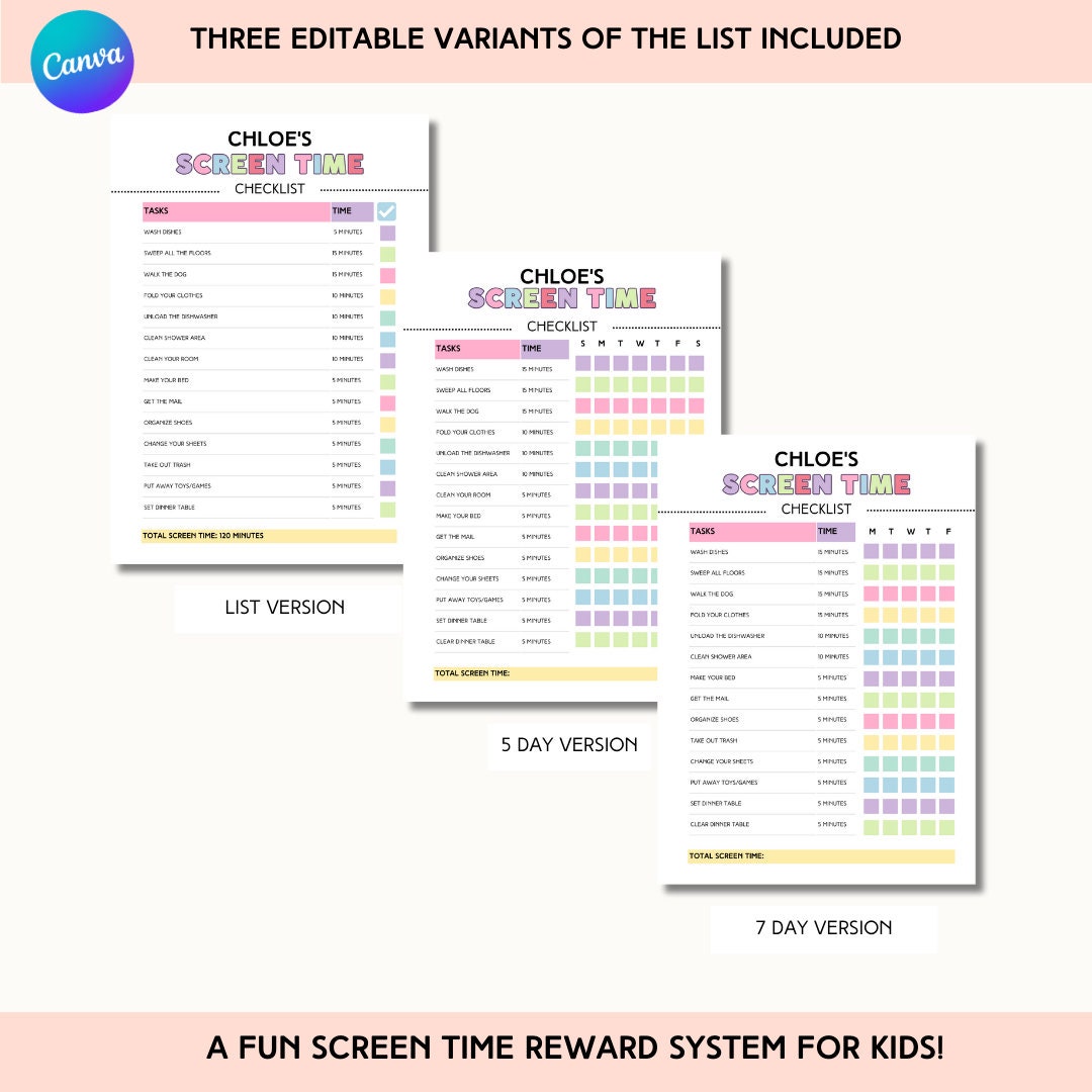 Editable Screen Time Chart, Printable Screen Reward Bucks, Reward Chart ...