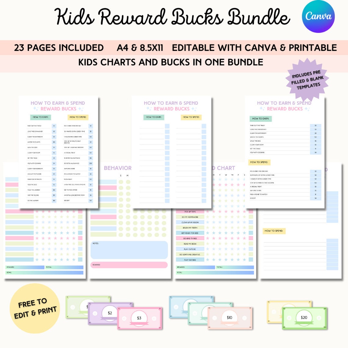 Editable Reward Bucks for Kids, Play Money, Pretend Money, Printable ...
