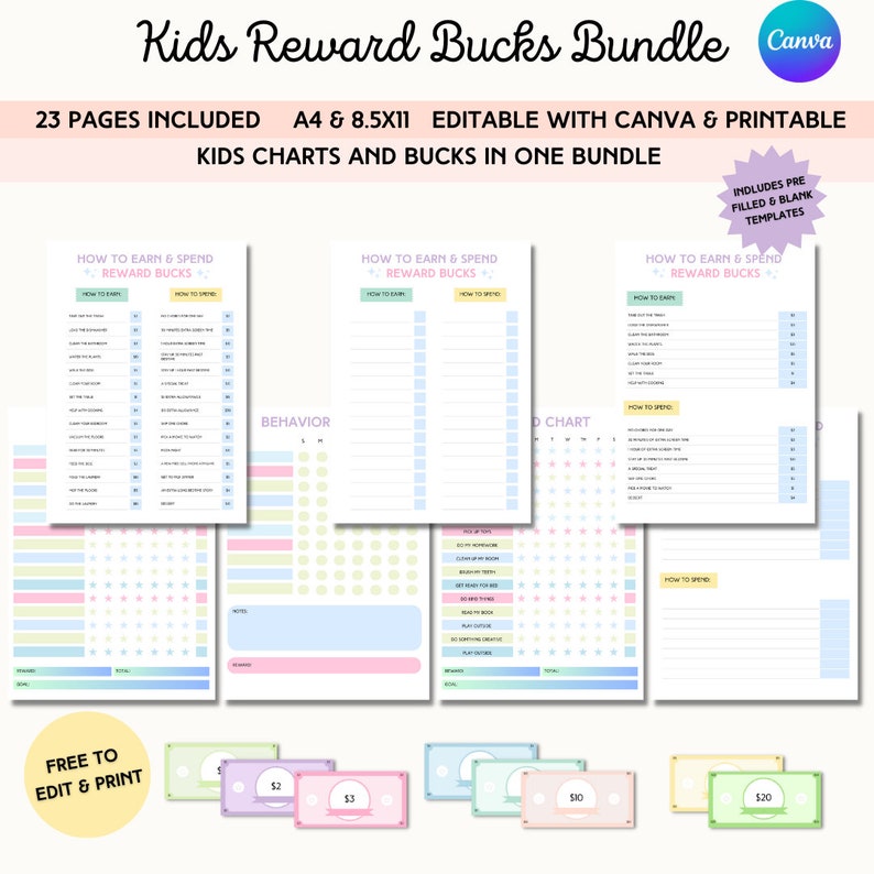 Editable Reward Bucks for Kids, Play Money, Pretend Money, Printable ...