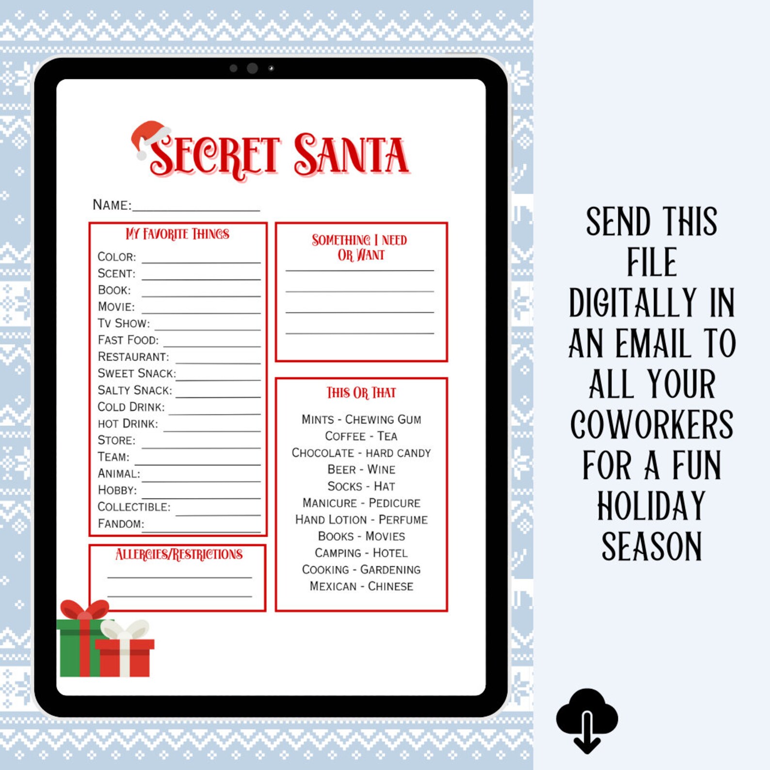 Co-worker Secret Santa Questionnaire, Office Secret Santa, Printable ...