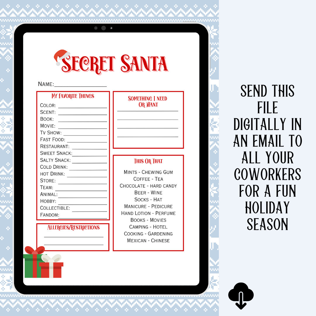 Co-worker Secret Santa Questionnaire, Office Secret Santa, Printable ...