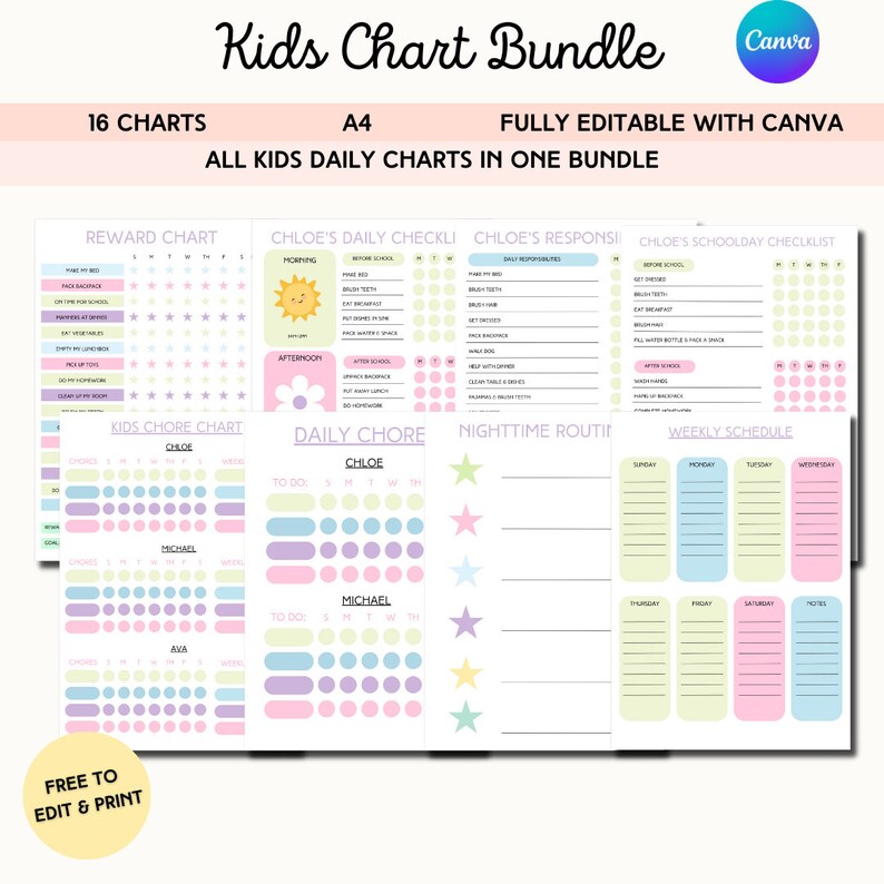 Editable Chore Chart for Multiple Kids, Daily Checklist, Canva Editable ...