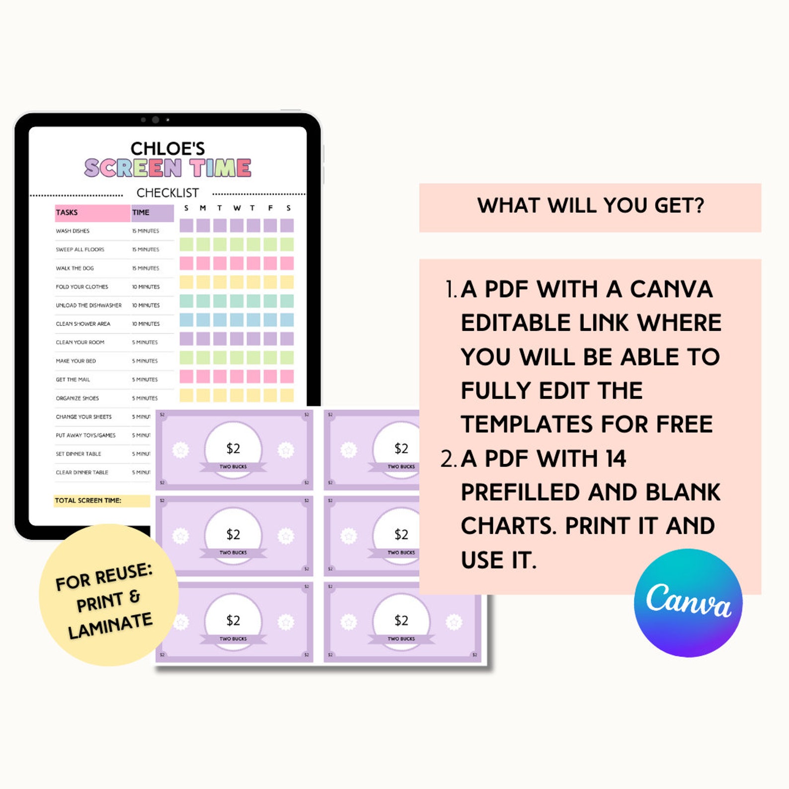 Editable Screen Time Chart, Printable Screen Reward Bucks, Reward Chart ...