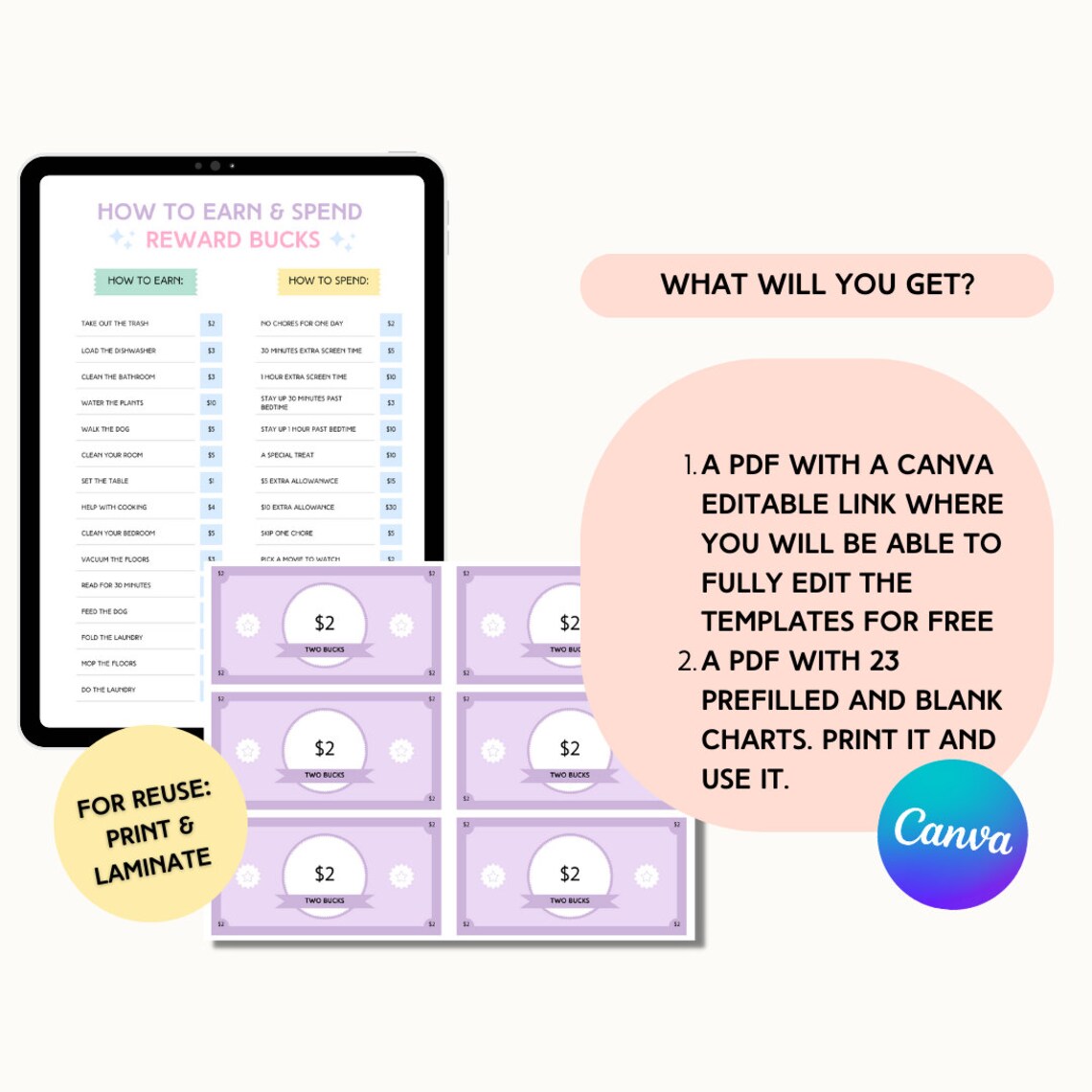 Editable Reward Bucks for Kids, Play Money, Pretend Money, Printable ...