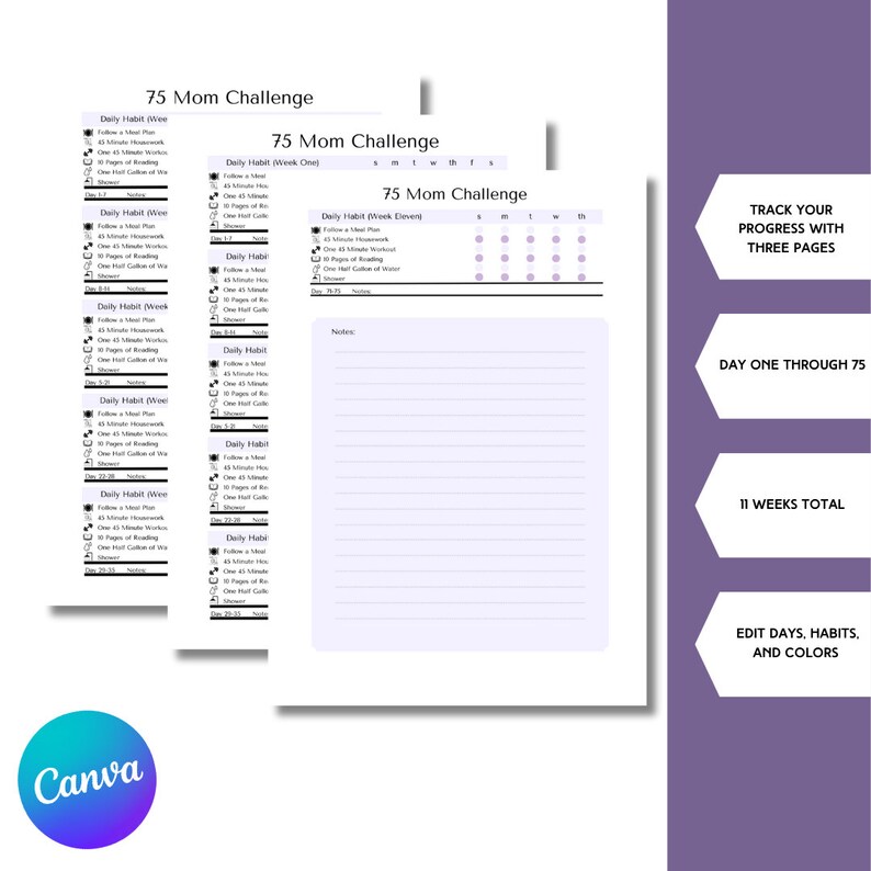 75 Mom Editable Challenge Printable Purple Easy Challenge - Etsy