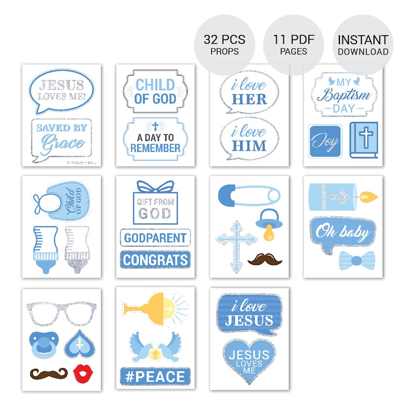 Printable Blue and Silver Baby Boy Baptism Photobooth Props ...
