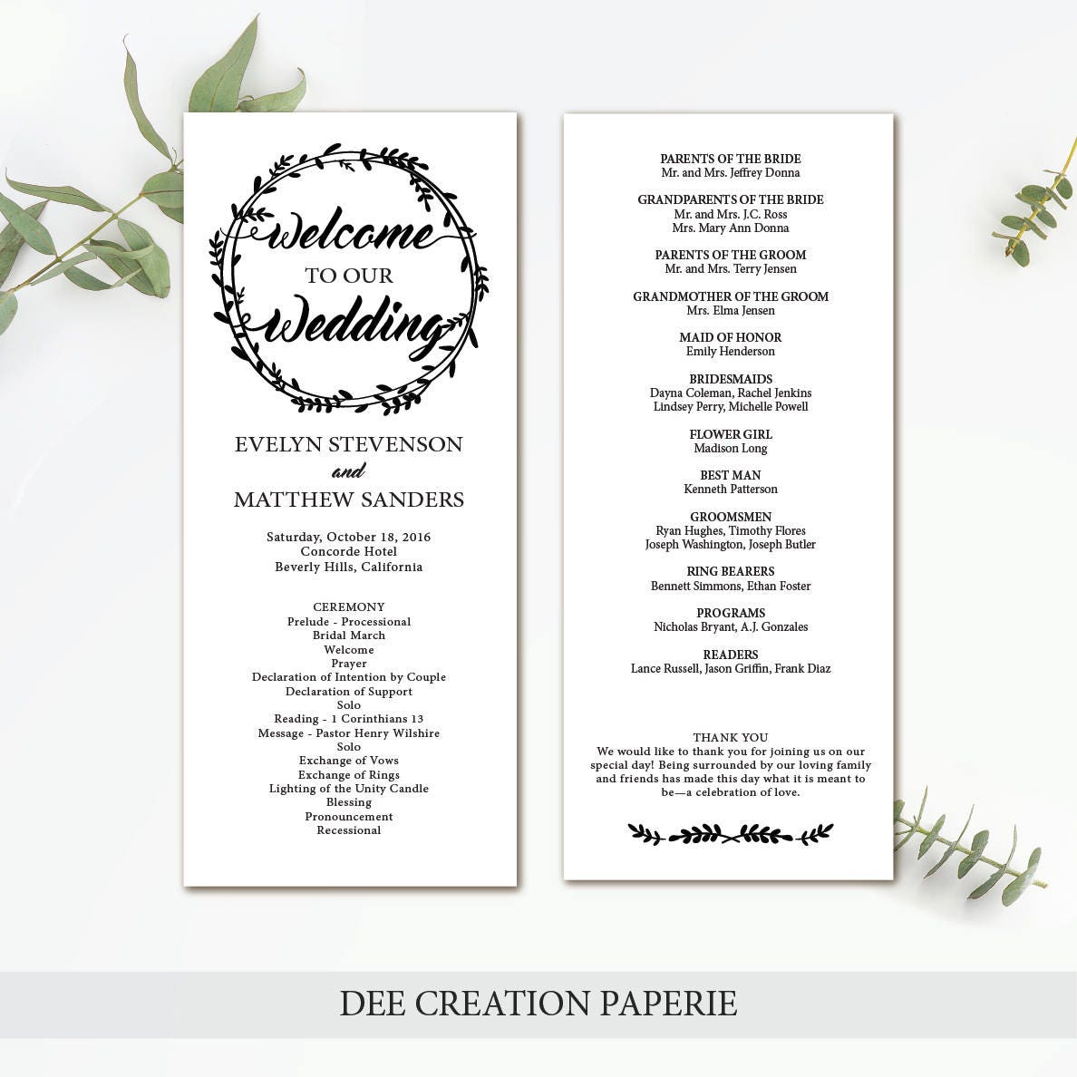 Printable Program Card, Wreath Wedding Program,wedding Program Template ...