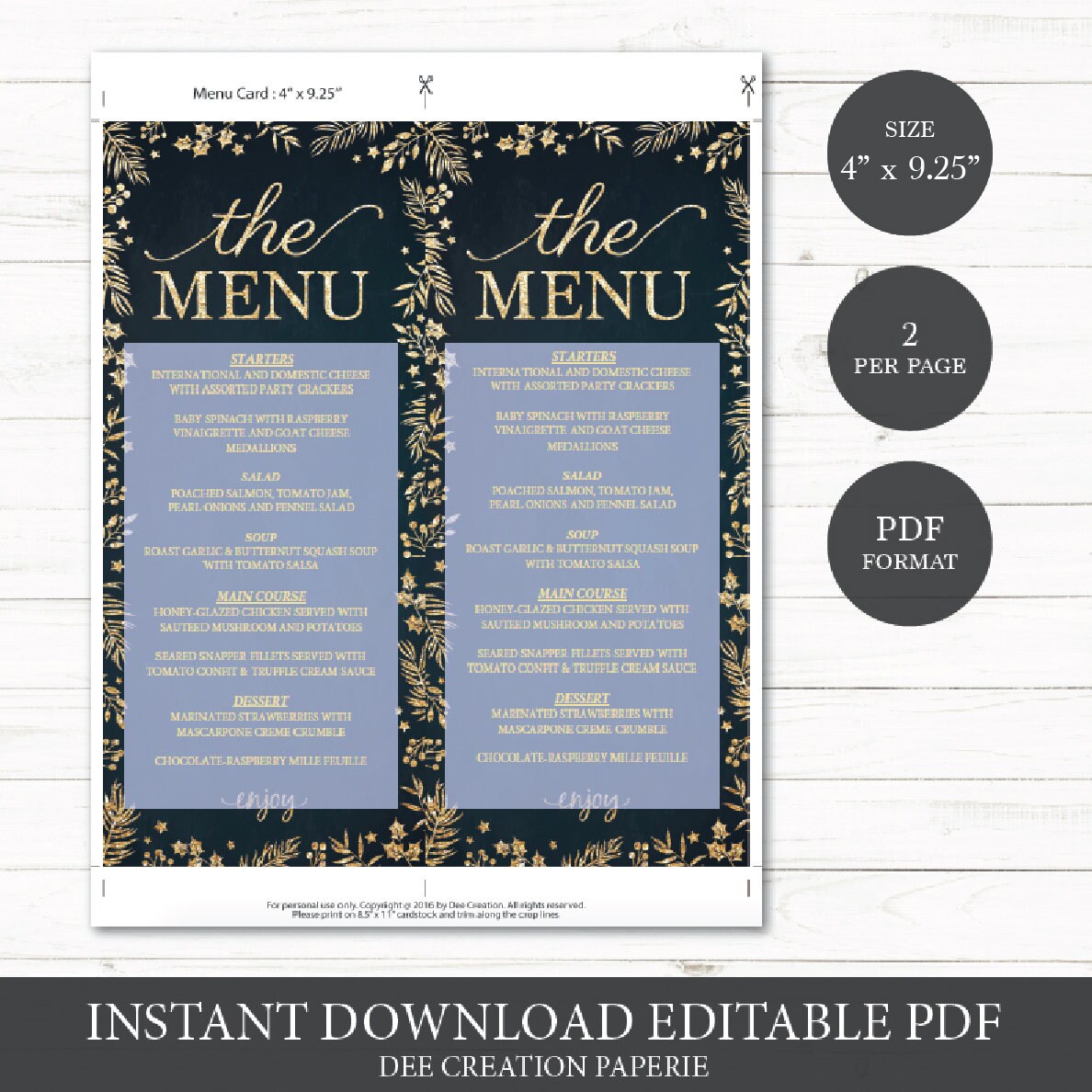 Gold Glitter Floral Printable Menu Card | Floral Wreath Holiday Menu ...
