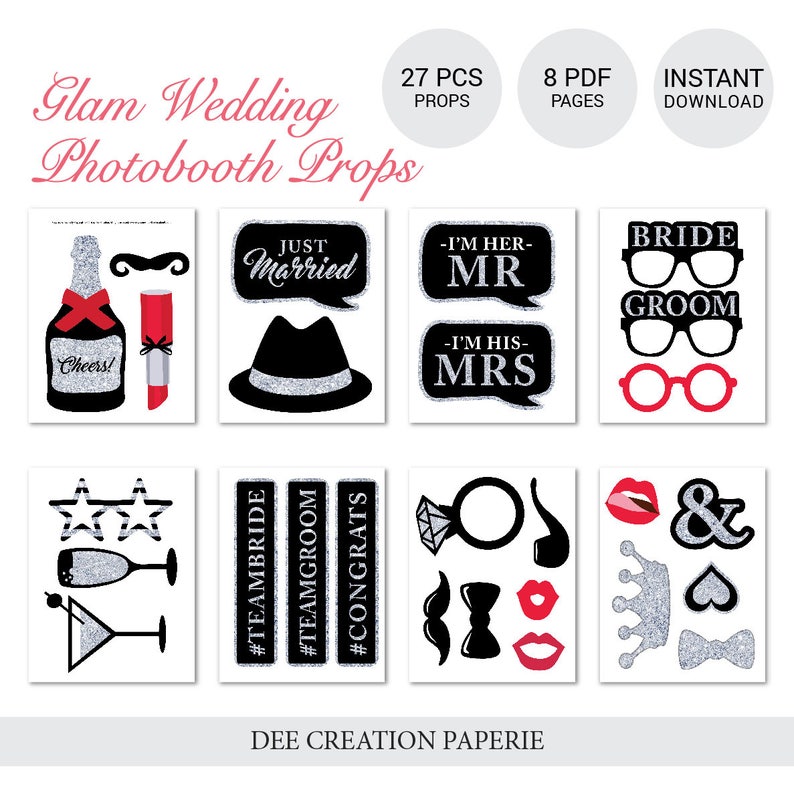Printable Wedding Photobooth Props - Glam Wedding Photo Booth Props ...