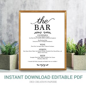 Editable Bar Menu Sign Editable Sign Drinks Menu Sign Reception Sign ...