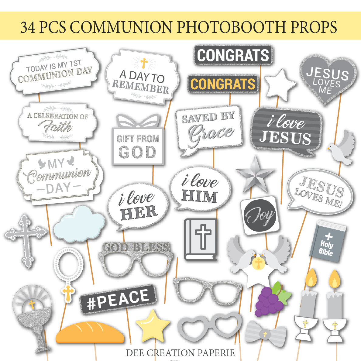 First Communion Silver Printable Photobooth Props-christening Photo ...