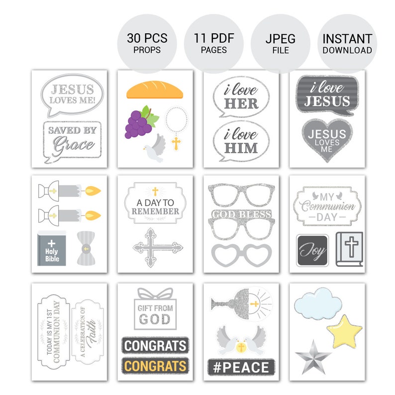 First Communion Silver Printable Photobooth Props-christening Photo ...
