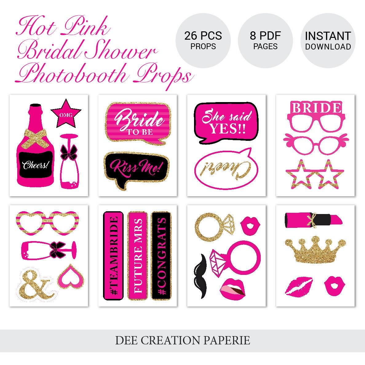 Printable HOT PINK Bridal Shower Photobooth Props - Wedding Photo Booth ...