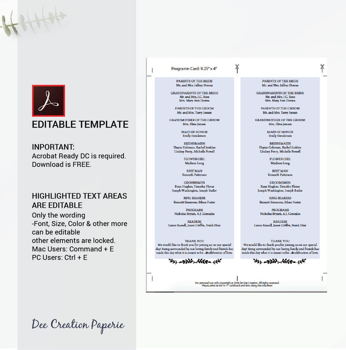 Printable Program Card, Wreath Wedding Program,wedding Program Template ...