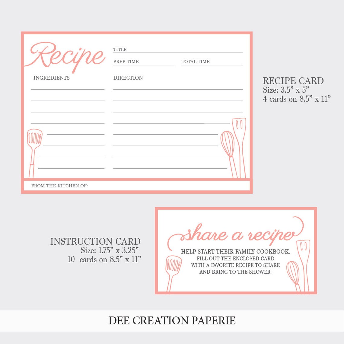 3 in 1 Bridal Shower Recipes Card & Sign, Printable Recipe Cards ...