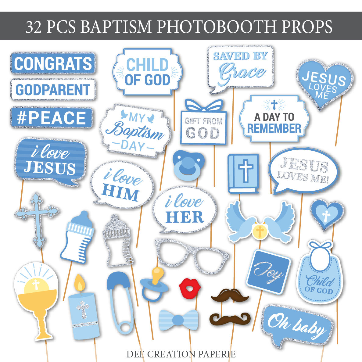 Printable Blue and Silver Baby Boy Baptism Photobooth Props ...
