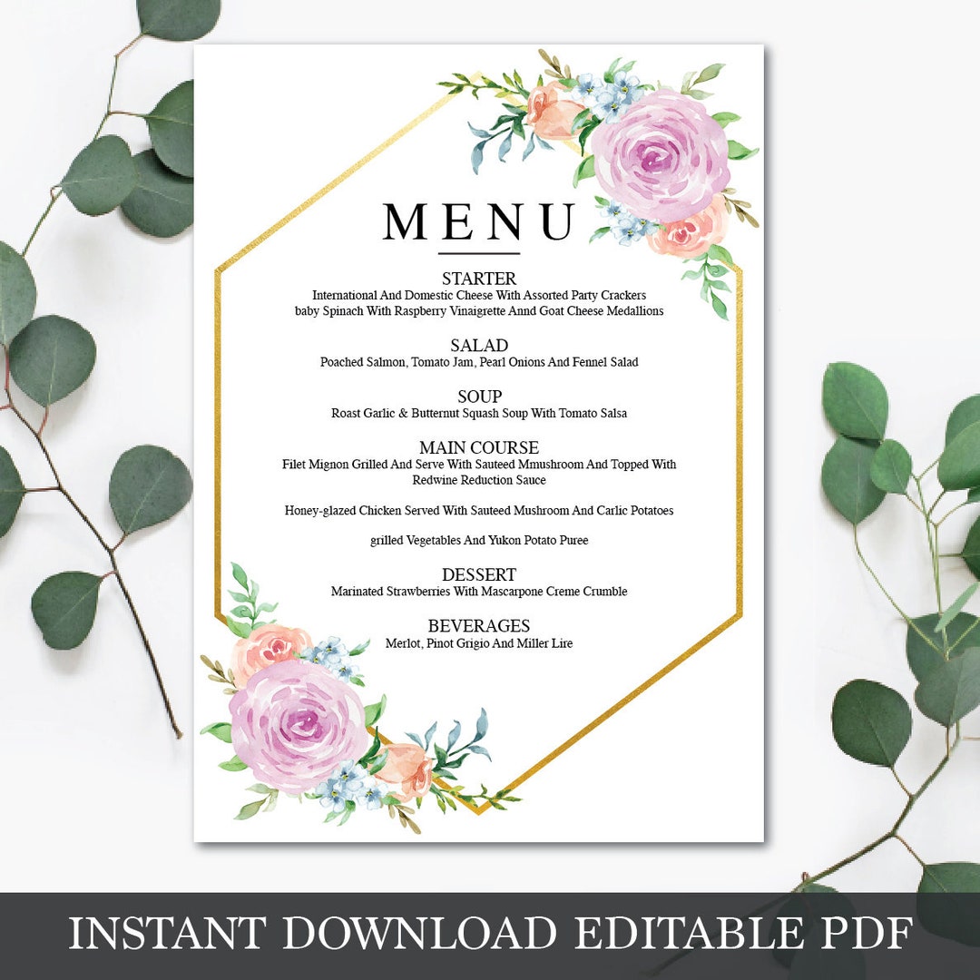 Printable Menu, Floral Gold Geometric Menu Card,-garden Wedding Menu ...